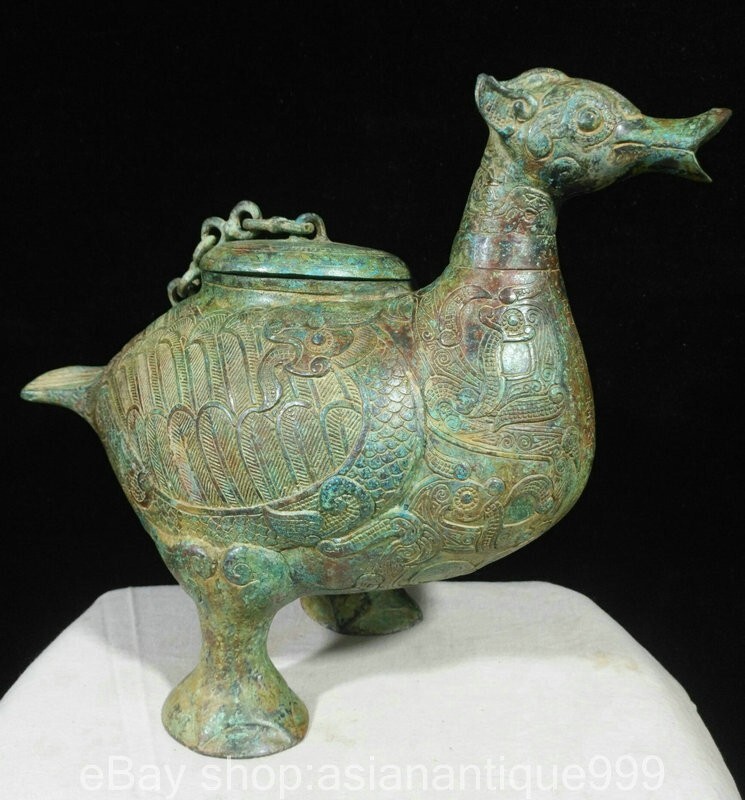 12" Old Western Zhou Chinese Bronze Ware Dynasty Wine vessel Duck Zun ...
