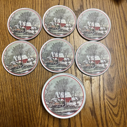 Currier & Ives VTG Set of 6 Coasters in Decorative Tin Snow Covered ...