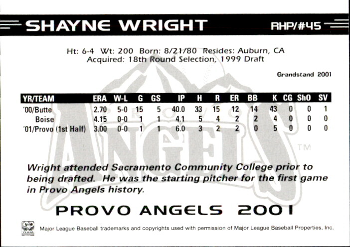 2001 Provo Angels Grandstand #45 Shayne Wright Auburn California ...