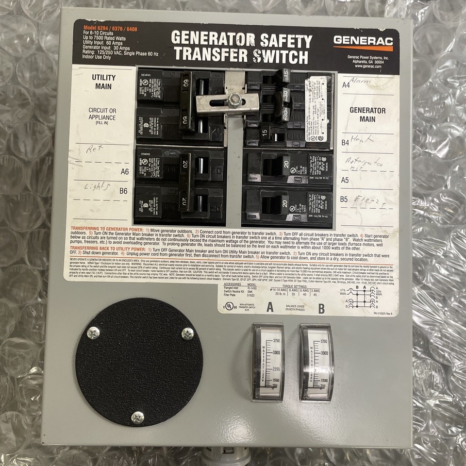 GENERAC 6294/6376/6408 Generator Safety Transfer Switch. Up To 7500 ...