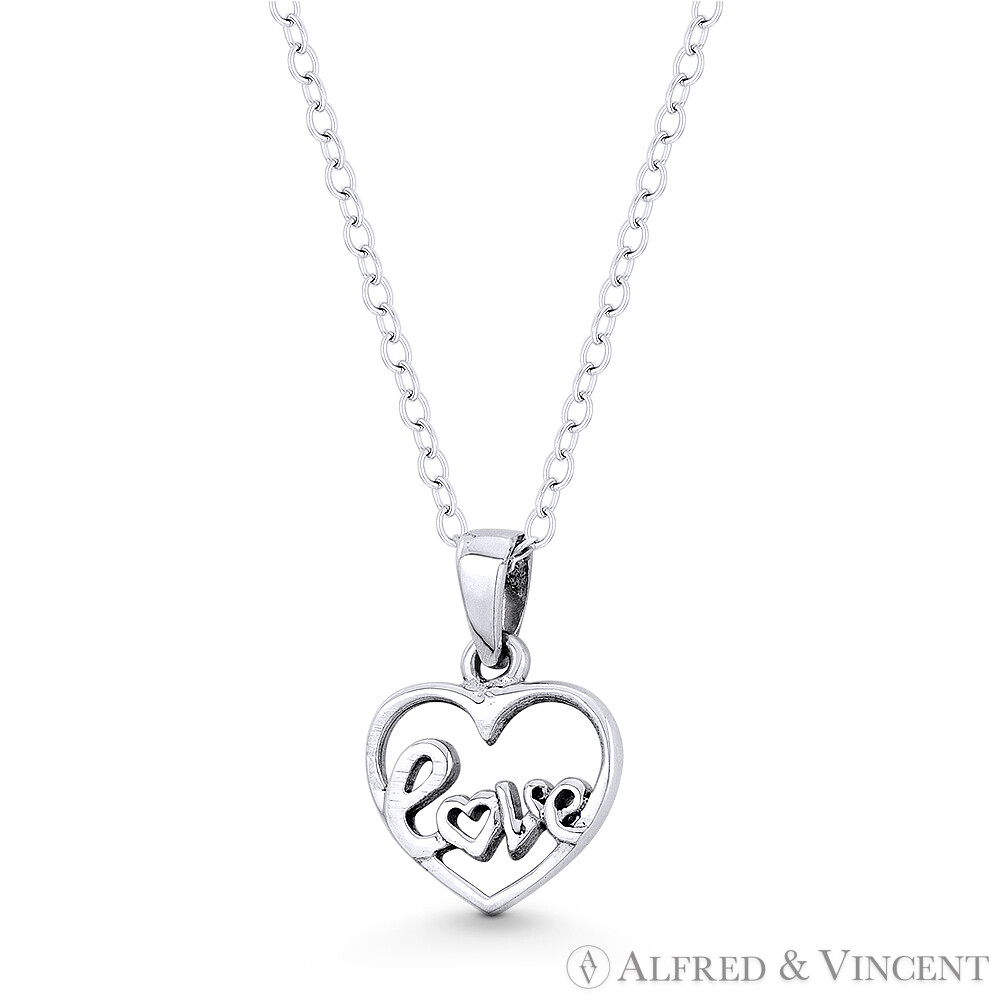 Heart & Cursive "Love" Script Charm Pendant Oxidized Solid .925 ...