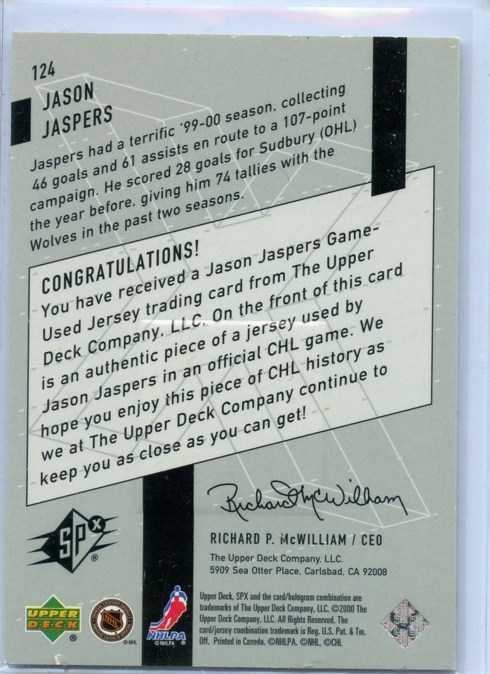 2000-01 SPx #124 Jason Jaspers JSY RC | eBay