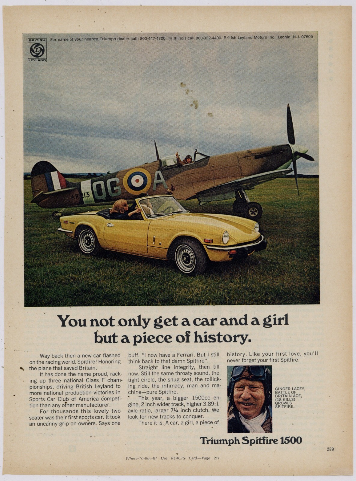 1974 Triumph Spitfire 1500 Ad: WW2 Flying Ace Ginger Lacey Pictured | eBay