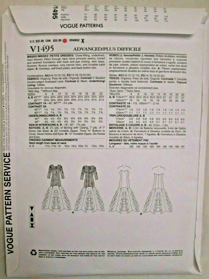 Vogue Pattern V1495 Mermaid Evening Dress Wedding Gown Sweetheart ...