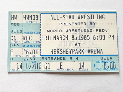 WWF Wrestling Match Ticket Mar 8 1985 Hershey Park PA Piper Vs Superfly ...