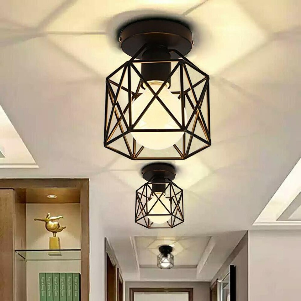 Vintage Hallway Ceiling Light, Black Semi-Flush Mount Basket Cage ...