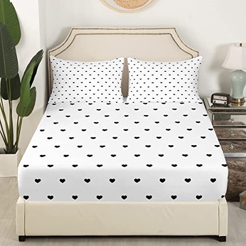 White Black Bed Sheets Cute Heart Pattern Sheet Set Girly King Multi ...