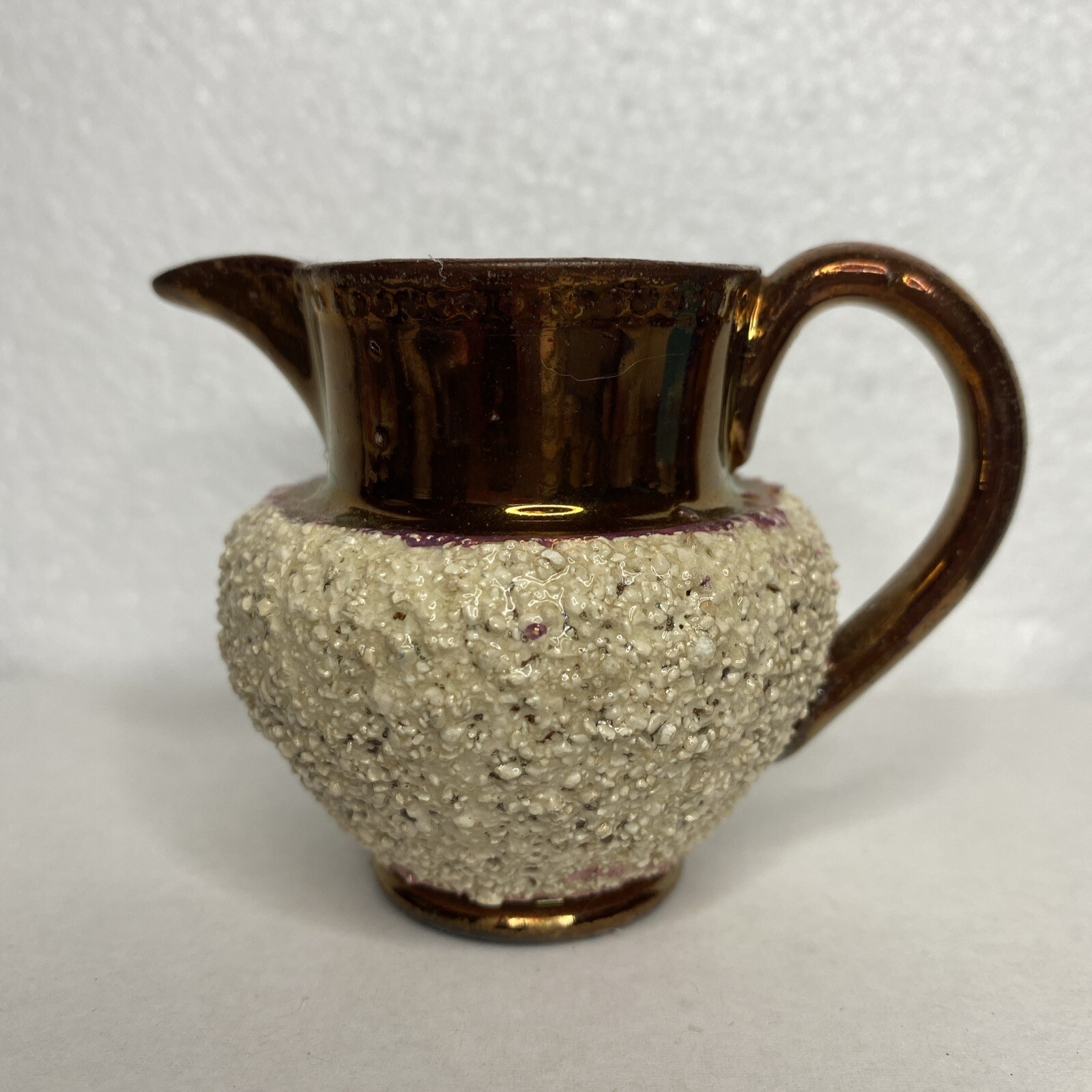 Vtg Copper Lusterware Creamer White Sand Pitcher England Pink Inner Rim ...