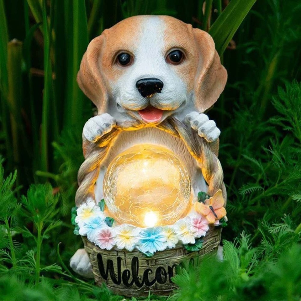 Solar LED Dog Statue with Flower Basket and Lighted Orb for Garden or ...