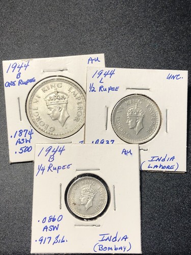 1944 British India Silver Coin Lot of (3) 1 Rupee, 1/2 Rupee, 1/4 Rupee ...