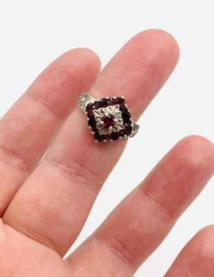 Vtg 925 Sterling Silver Red Garnet Glass Rhinestone Marcasite Cocktail ...