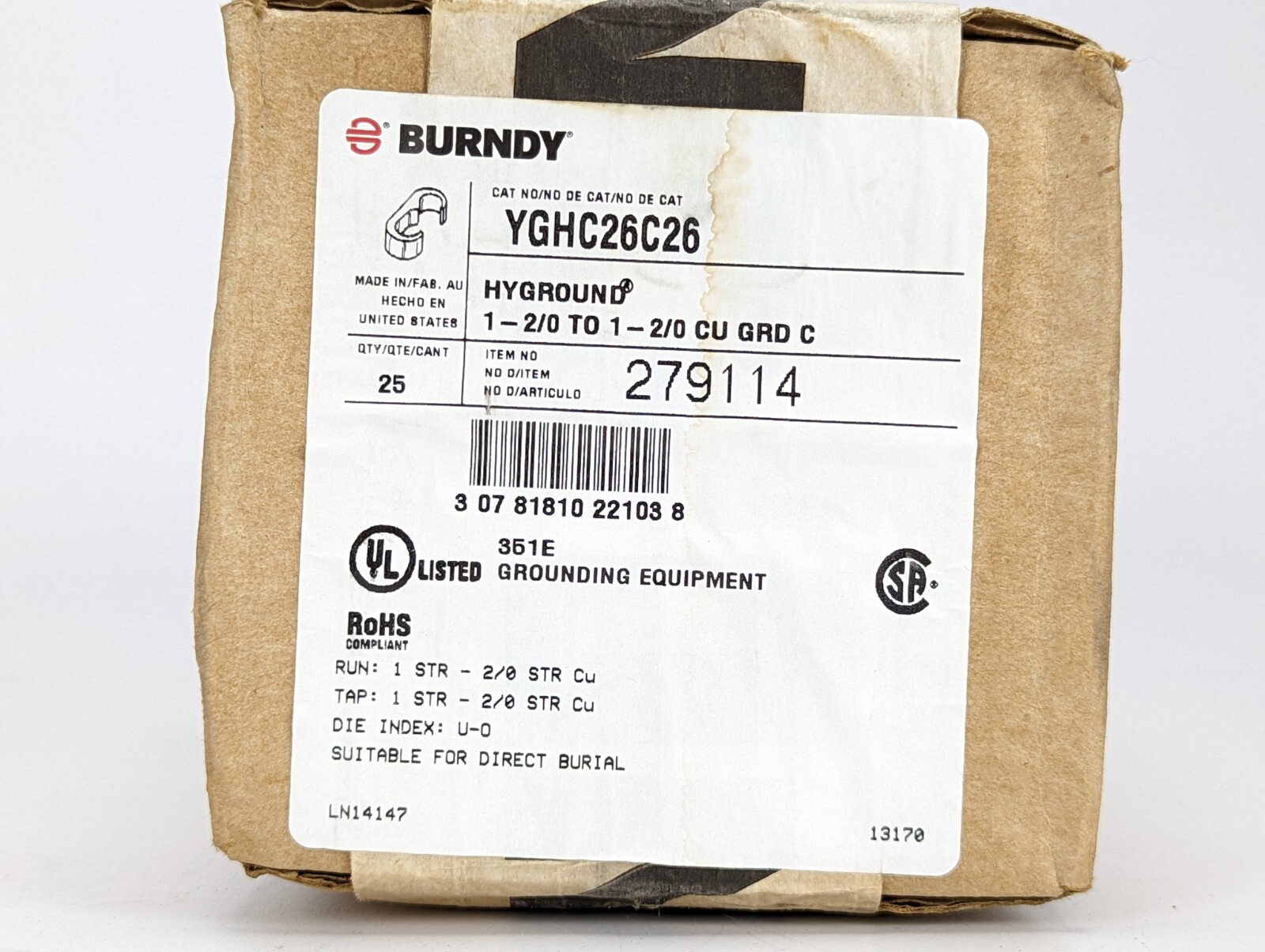 LOT OF 25 BURNDY YGHC26C26 GROUNDING CONNECTOR *NEW IN BOX* HYGROUND | eBay