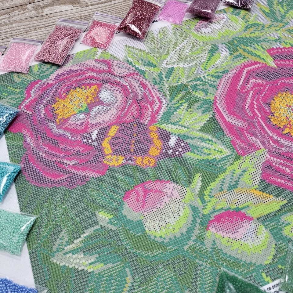 Bead Embroidery Kit Flowers DIY Beaded Stitching Stamped Needlepoint ...