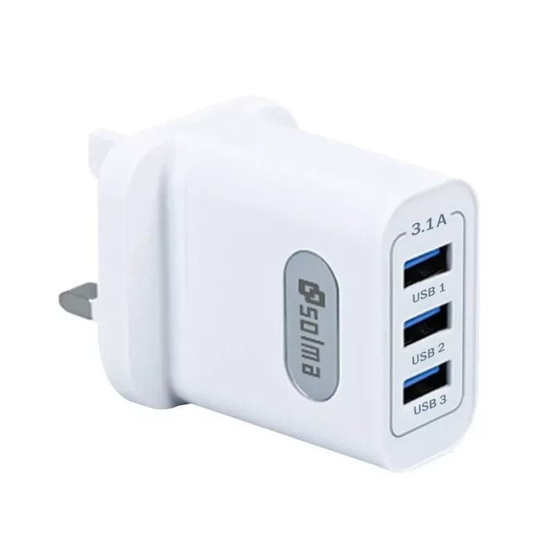 UK 3 Pin Dual USB Plug Adapter Mains Wall Charger 3 USB Port For Phones ...