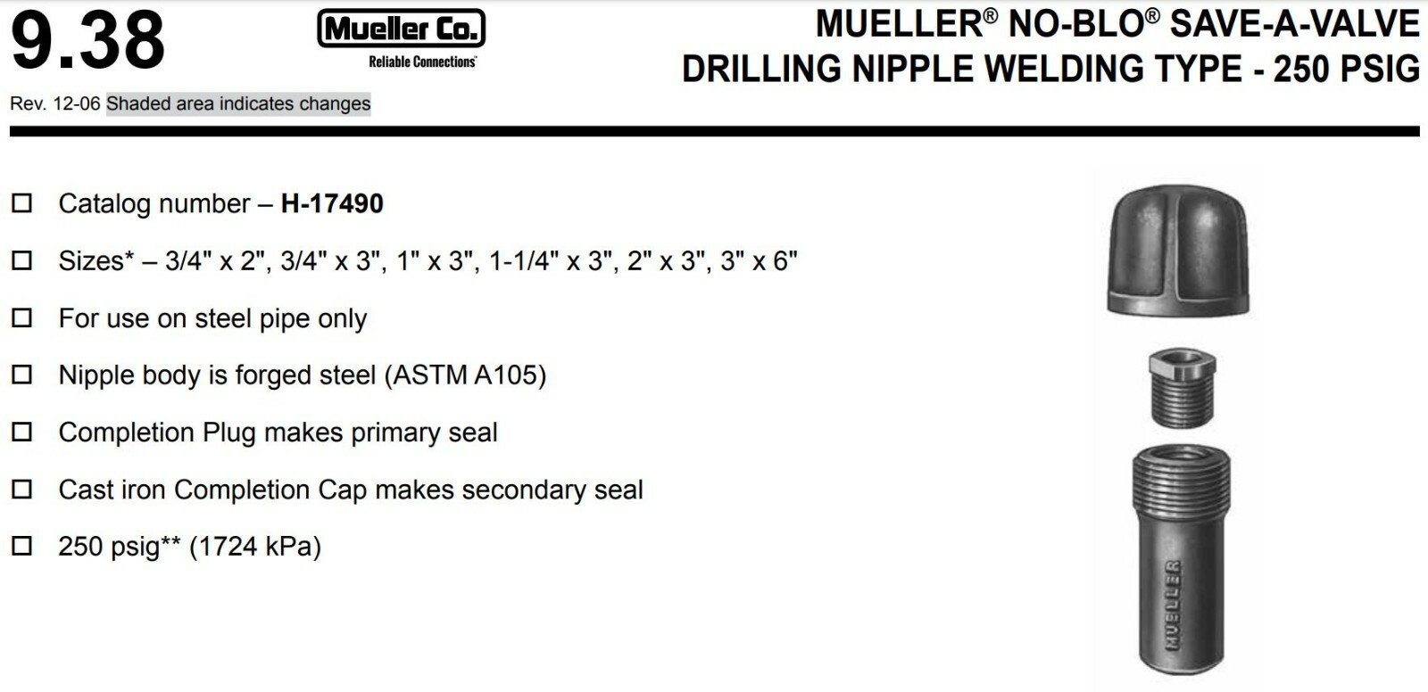 MUELLER H-17490 1-1/4" NO-BLO SAVE-A-VALVE Drilling Nipple Weld Type ...