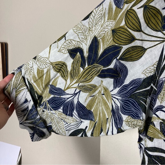 Tahari botanical print 100% linen button up shirt womens 3X green plant ...