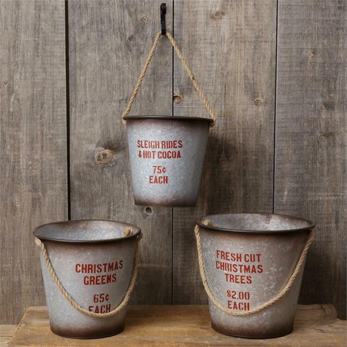 New Primitive Rustic Farmhouse SET 3 CHRISTMAS TREE BUCKET Basket Pail ...