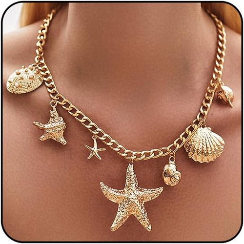Seashell Necklaces for Women Big Starfish Shell Charm Chunky Gold ...