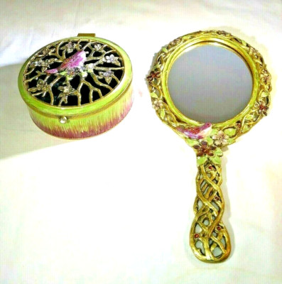 Jeweled Hand Mirror & Trinket Box Enamel Vanity Set Purple BIRD Vintage ...