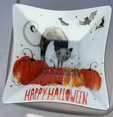 NEW! PRIMA DESIGN “ Black Cat “Glass Bowl Dish Trinket Candy Halloween ...