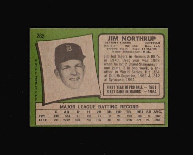 1971 Topps #265 JIM NORTHRUP (No Black Blob) Tigers NMMT | eBay