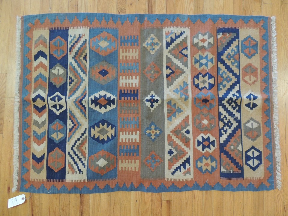 3x5 Turkish Kilim Reversible Wool Area Rug Geometric design Blue Orange ...