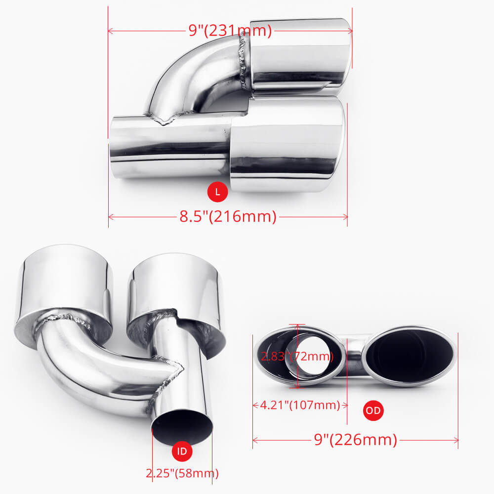 2.25" Inlet Dual Oval Outlet Staggered Exhaust Tips Slant Cut Stainless ...
