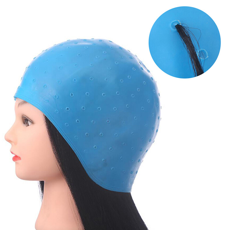 Blue Silicone Hair Highlights Cap With Needle Coloring Cap Hat Styling ...