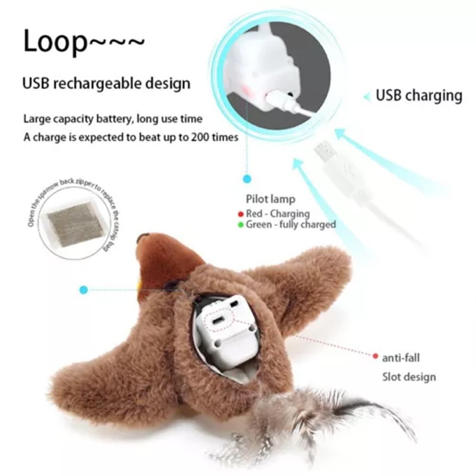 Electronic Interactive Flying Bird Cat Toy Flapping Wings, Sparrow ...