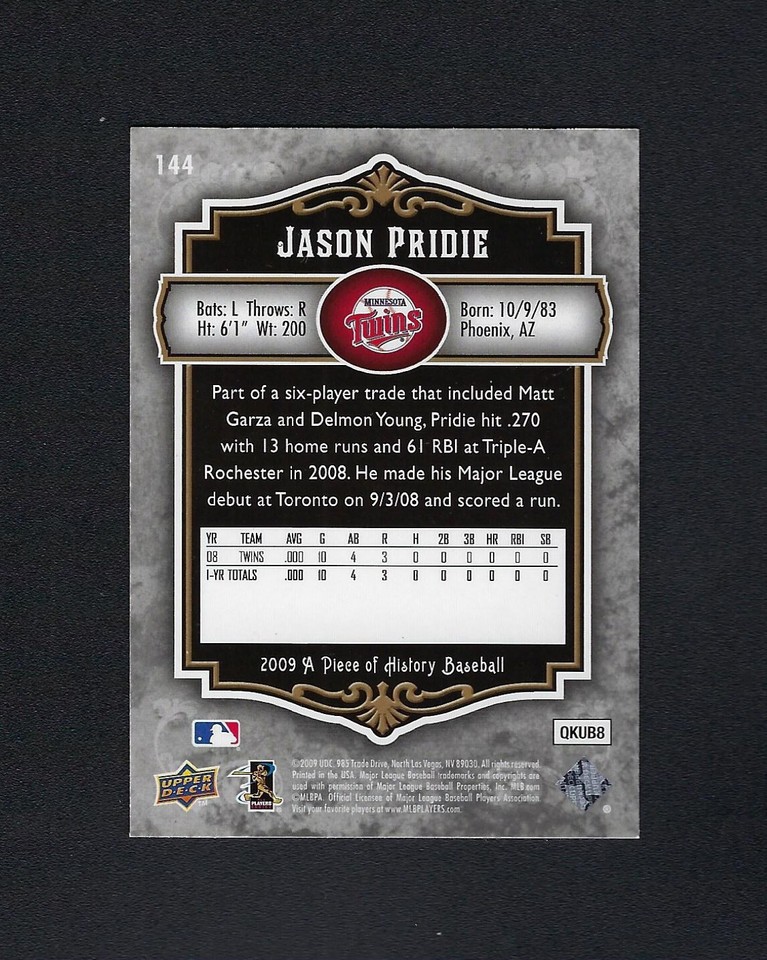 2009 Upper Deck A Piece of History #144 JASON PRIDIE Rookie Minnesota ...