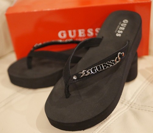 NEW GUESS BLACK WEDGE FLIP FLOPS GUN METAL CHAIN GFMISTS SIZES 7,8,9,10 ...