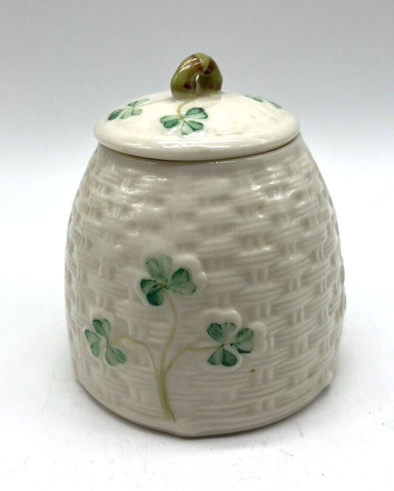 Vintage Belleek 6TH GREEN MARK Irish Shamrock Basket Weave Bee Hive Jar ...