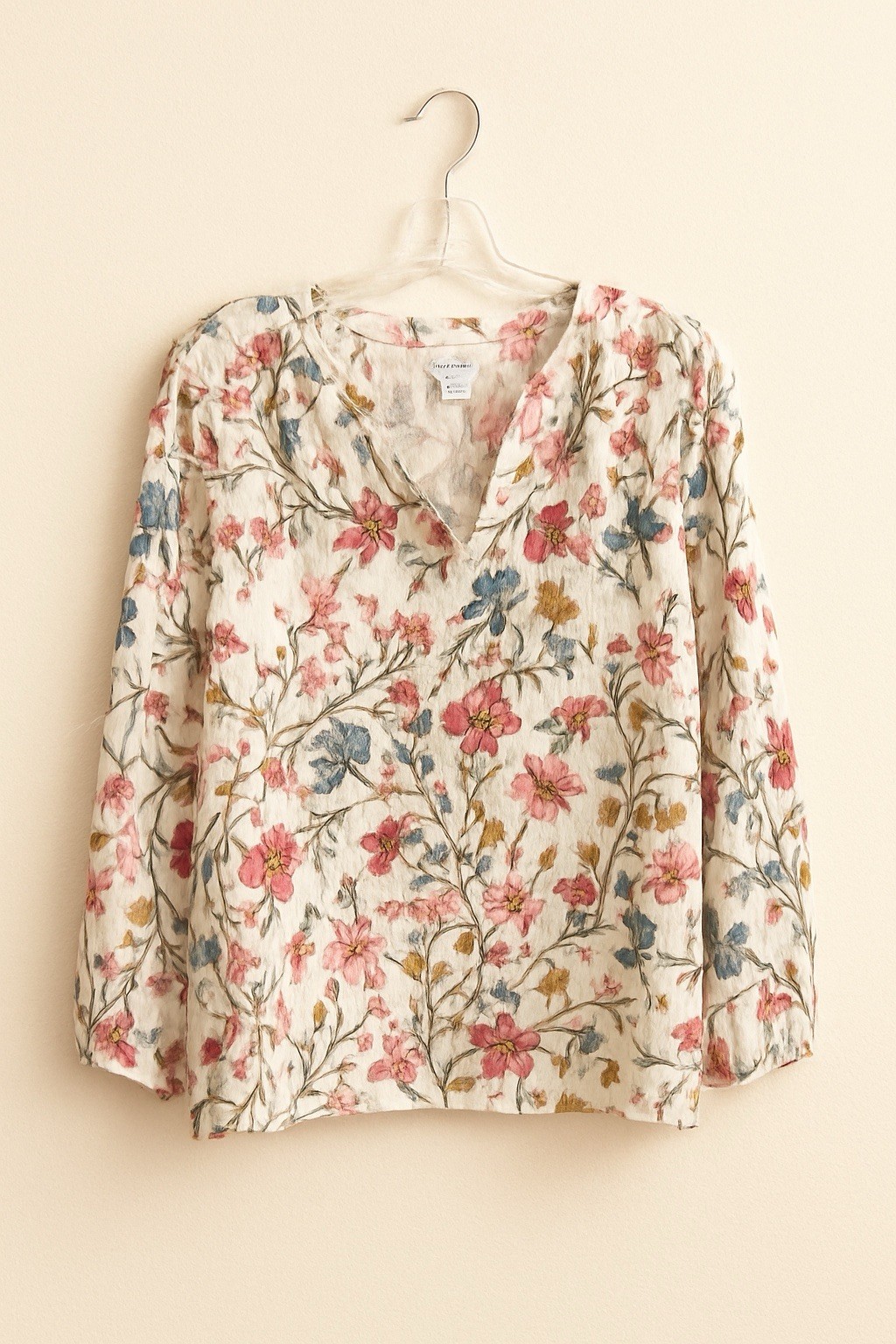 Boho Floral Blouse L Earthy Crinkle Cotton Peasant Top Long Sleeve ...