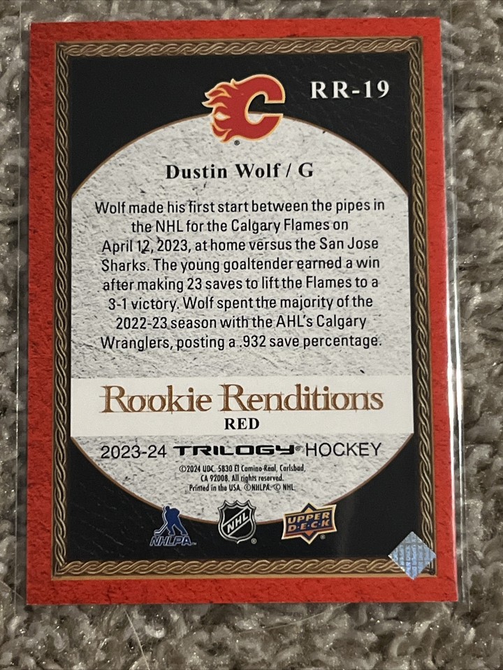 2023-24 UD Trilogy Dustin Wolf Rookie Renditions Red /799 Calgary ...