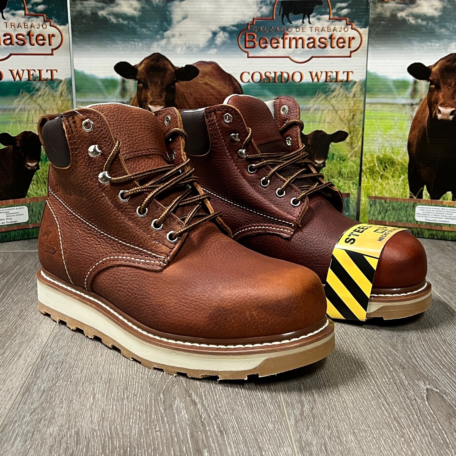 MENS WORK BOOTS STEEL TOE BEEF MASTER DUAL SOLE OIL RESISTANT FULL ...