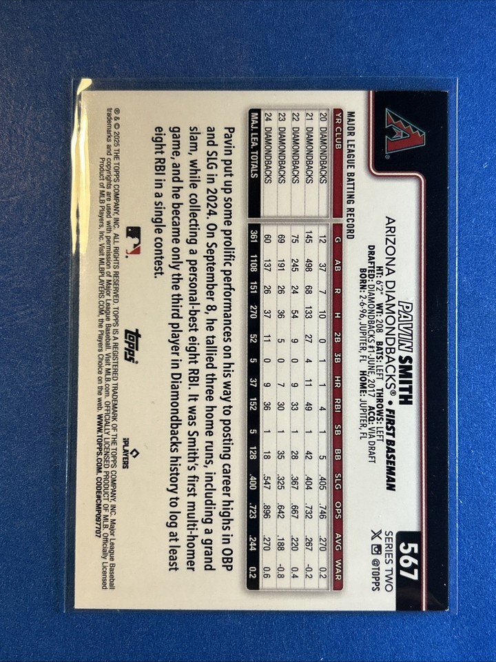 2025 Topps Series 2 PAVIN SMITH Team Logo Border Parallel DIAMONDBACKS ...