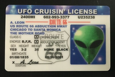 UFO Cruisin License Alien Route 66 Novelty ID Card Drivers Cruising ...