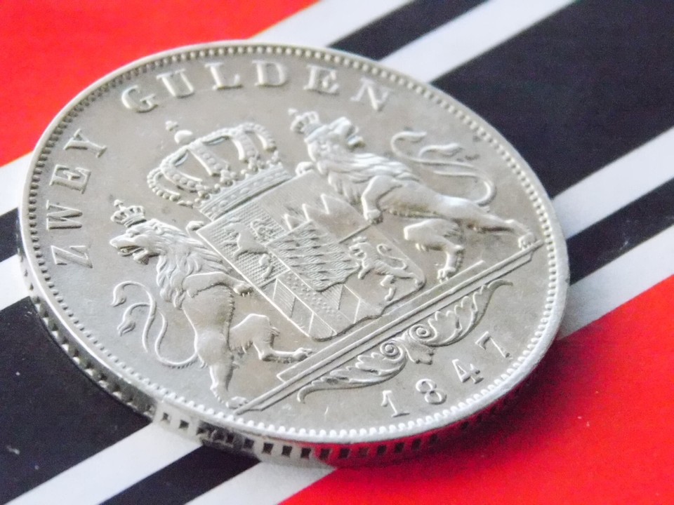 GERMAN 2 GULDEN 1847 States BAVARIA KING LUDWIG I. Silver Coin old ...