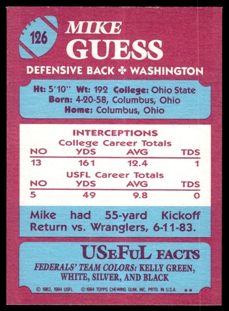 1984 Topps USFL - #126 Mike Guess (RC) for sale online | eBay
