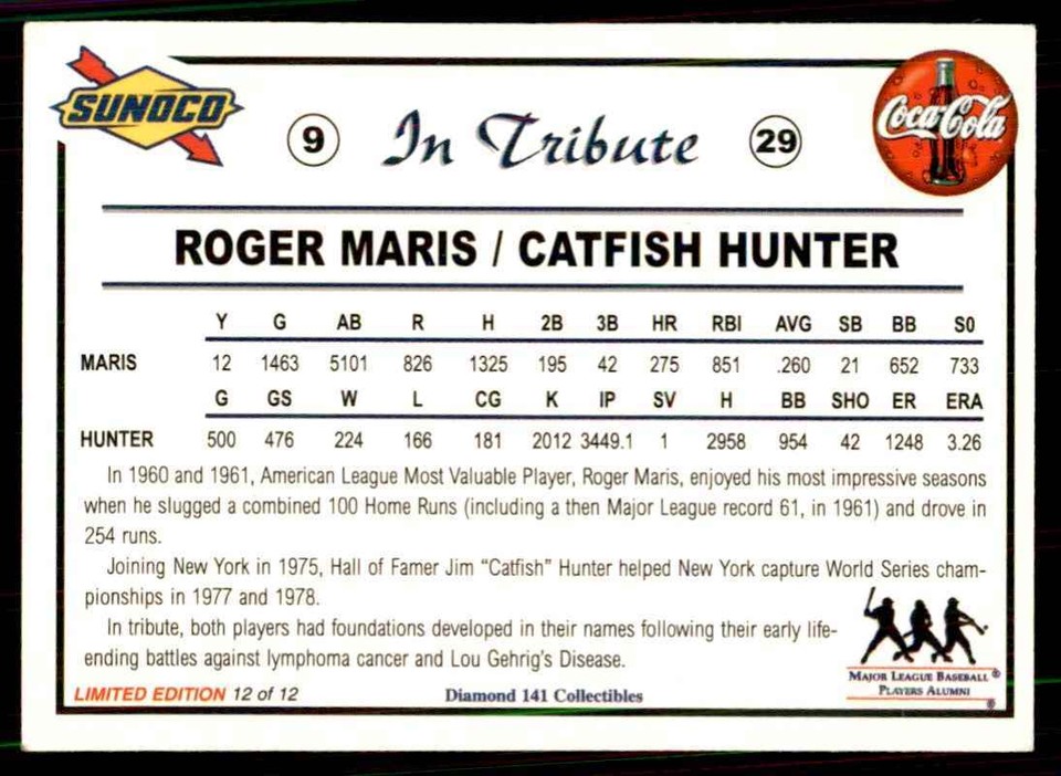 2001 Sunoco Dream Team Roger Maria/Catfish Hunter 102 Baseball Cards ...