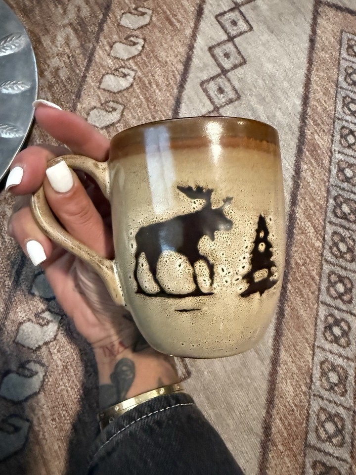 WOODLAND Home Studio Moose Mug Rustic Coffee Pine Tree Brown Stoneware ...