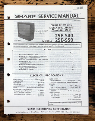 Sharp 20E-S50 25E-S50 TV / Television Service Manual *Original* | eBay