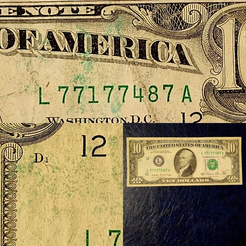 1981 $10 ERROR INK SMEAR NOTE + FANCY SERIAL NUMBER 77177487, FIVE ...