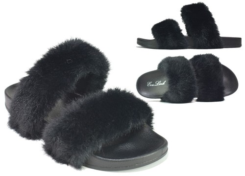 Ladies Fluffy Black Sliders Double Straps Faux Fur Summer Outdoor UK ...