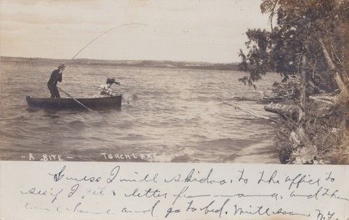 BEEBE Torch Lake Antrim Kalkaska MI RPPC 1907 FUN COUPLE FISH BITING ...