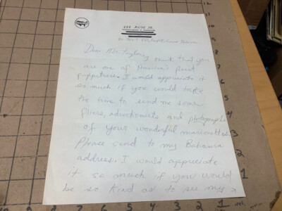 Vintage MARIONETTE / PUPPET: singed letter to Hal Taylor from Lee Rose ...