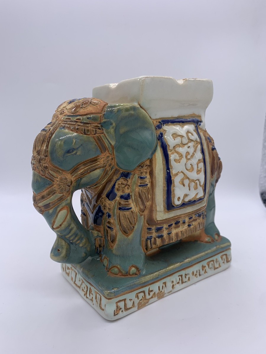 Vintage Ceramic Pottery Blue Indian Tribal Elephant Deco Blue Pottery