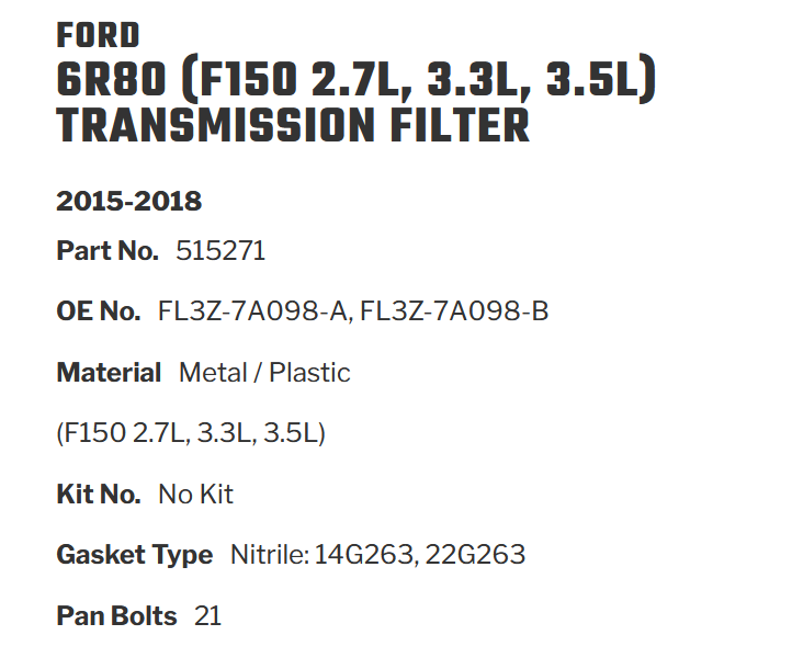 Raybestos 515271 FORD 6R80 (F150 2.7L, 3.3L, 3.5L) Transmission Filter ...