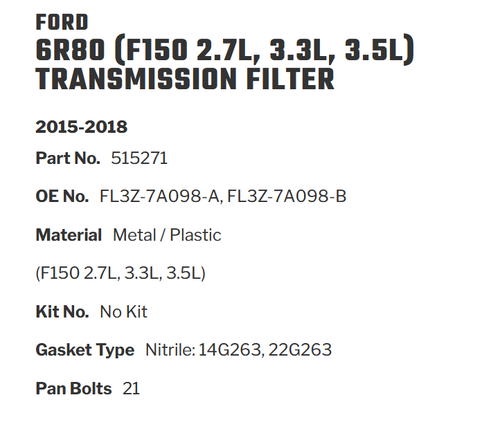 Raybestos 515271 FORD 6R80 (F150 2.7L, 3.3L, 3.5L) Transmission Filter ...