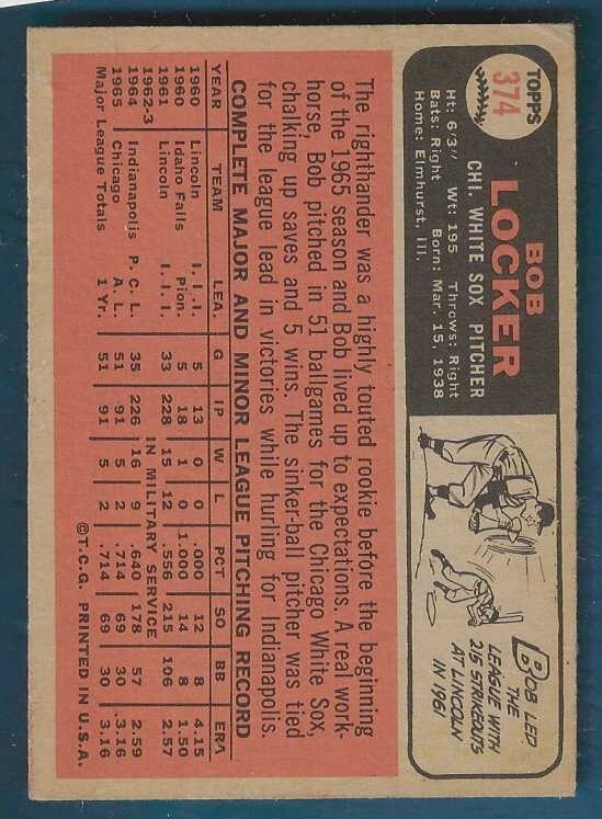 1966 Topps Baseball Chicago White Sox Bob Locker #374 EX | eBay
